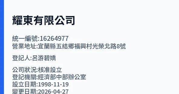 耀東有限公司的照片-統編 16264977(宜蘭縣) 公司登記資料與營業項目詳細圖表