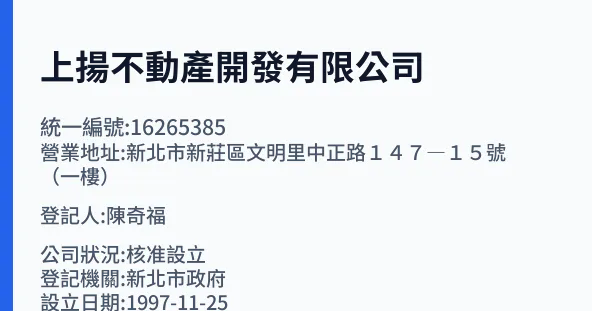 上揚不動產開發有限公司的照片-統編 16265385(新北市) 公司登記資料與營業項目詳細圖表