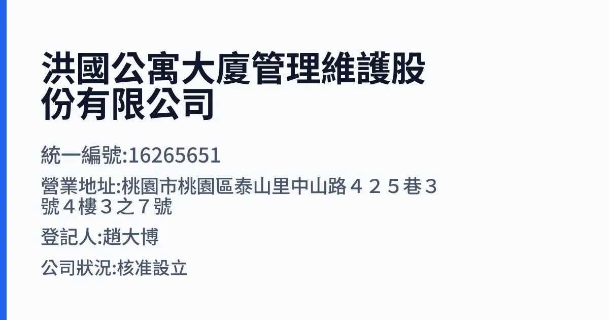洪國公寓大廈管理維護股份有限公司 - 統編 16265651（桃園市） 公司登記資料與營業項目詳細圖表