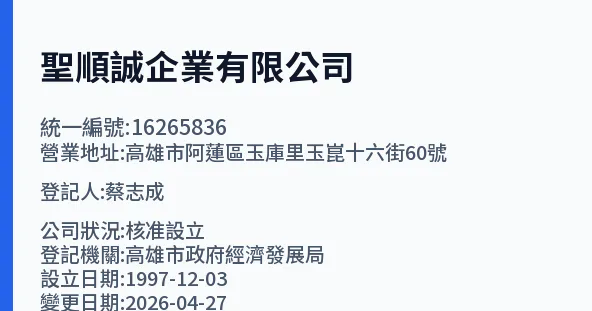 聖順誠企業有限公司的照片-統編 16265836(高雄市) 公司登記資料與營業項目詳細圖表