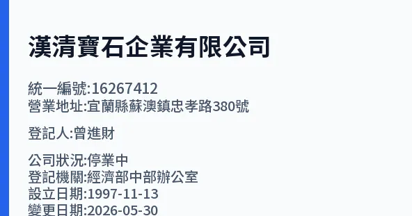 漢清寶石企業有限公司的照片-統編 16267412(宜蘭縣) 公司登記資料與營業項目詳細圖表