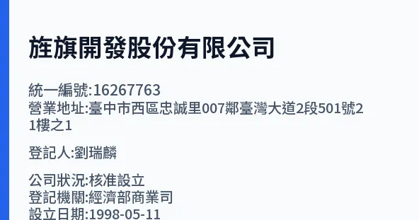 旌旗開發股份有限公司的照片-統編 16267763(臺中市) 公司登記資料與營業項目詳細圖表