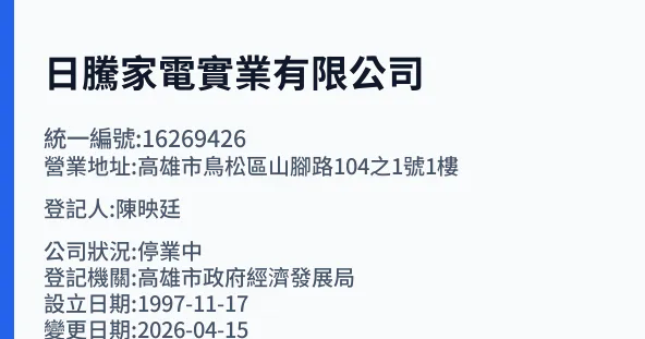 日騰家電實業有限公司的照片-統編 16269426(高雄市) 公司登記資料與營業項目詳細圖表