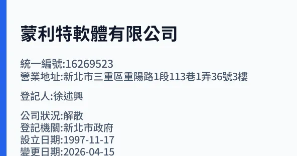 蒙利特軟體有限公司的照片-統編 16269523(新北市) 公司登記資料與營業項目詳細圖表