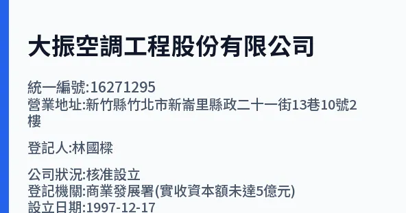 大振空調工程股份有限公司的照片-統編 16271295(新竹縣) 公司登記資料與營業項目詳細圖表