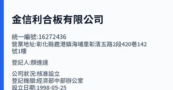 金信利合板有限公司的照片-統編 16272436(彰化縣) 公司登記資料與營業項目詳細圖表