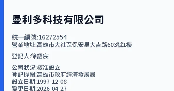 曼利多科技有限公司的照片-統編 16272554(高雄市) 公司登記資料與營業項目詳細圖表