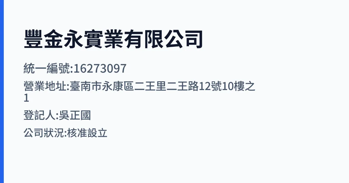豐金永實業有限公司 - 統編 16273097(臺南市) 公司登記資料與營業項目詳細圖表