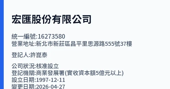 宏匯股份有限公司的照片-統編 16273580(新北市) 公司登記資料與營業項目詳細圖表