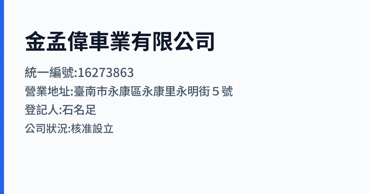 金孟偉車業有限公司 - 統編 16273863(臺南市) 公司登記資料與營業項目詳細圖表