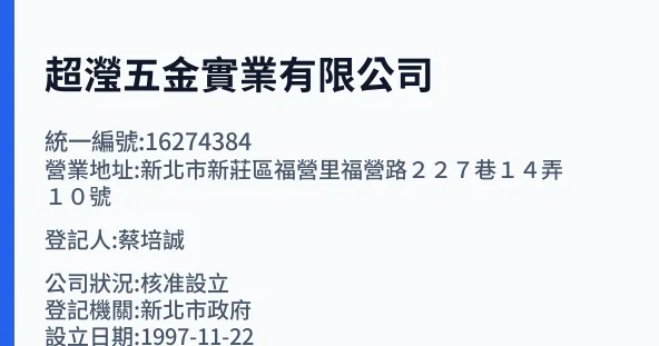 超瀅五金實業有限公司的照片-統編 16274384(新北市) 公司登記資料與營業項目詳細圖表