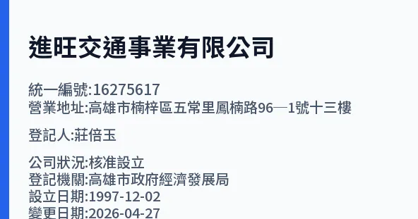 進旺交通事業有限公司的照片-統編 16275617(高雄市) 公司登記資料與營業項目詳細圖表
