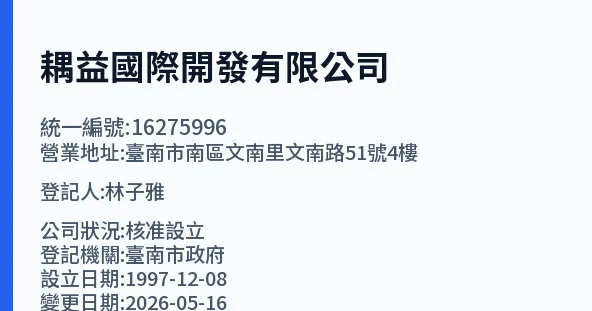 耦益國際開發有限公司的照片-統編 16275996(臺南市) 公司登記資料與營業項目詳細圖表