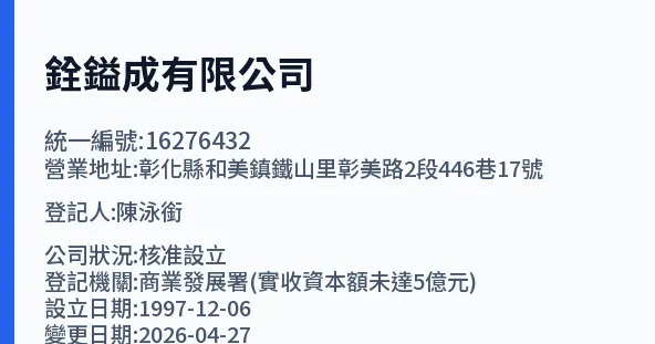 銓鎰成有限公司的照片-統編 16276432(彰化縣) 公司登記資料與營業項目詳細圖表