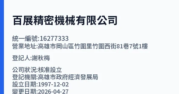 百展精密機械有限公司的照片-統編 16277333(高雄市) 公司登記資料與營業項目詳細圖表