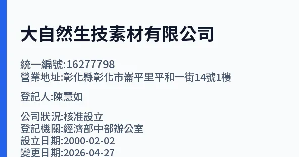 大自然生技素材有限公司的照片-統編 16277798(彰化縣) 公司登記資料與營業項目詳細圖表