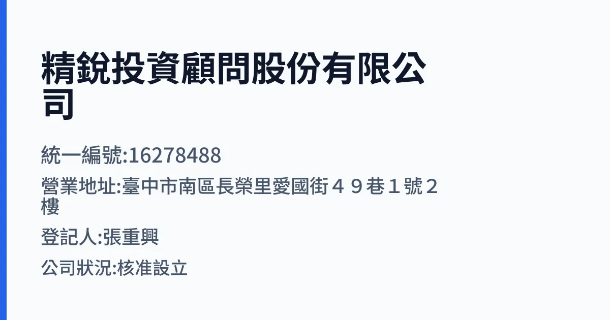 精銳投資顧問股份有限公司 - 統編 16278488(臺中市) 公司登記資料與營業項目詳細圖表
