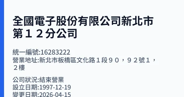 全國電子股份有限公司新北市第１２分公司的照片-統編 16283222(新北市) 公司登記資料與營業項目詳細圖表