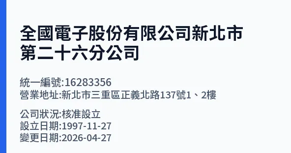 全國電子股份有限公司新北市第二十六分公司的照片-統編 16283356(新北市) 公司登記資料與營業項目詳細圖表