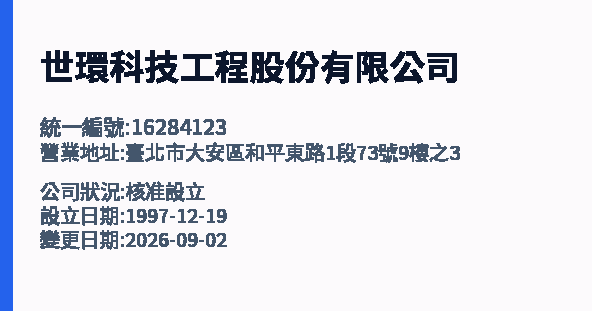 世環科技工程股份有限公司的照片-統編 16284123 公司登記資料與營業項目詳細圖表