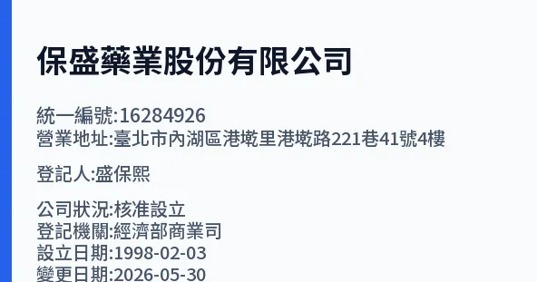 保盛藥業股份有限公司的照片-統編 16284926(臺北市) 公司登記資料與營業項目詳細圖表