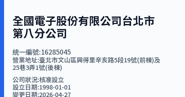 全國電子股份有限公司台北市第八分公司的照片-統編 16285045(臺北市) 公司登記資料與營業項目詳細圖表