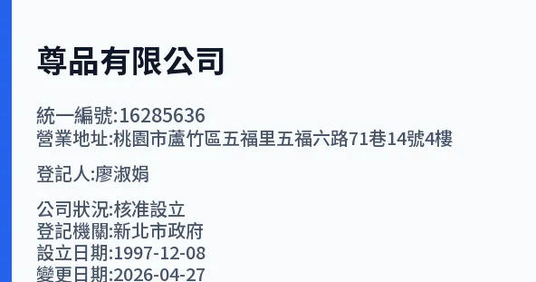 尊品有限公司的照片-統編 16285636(桃園市) 公司登記資料與營業項目詳細圖表