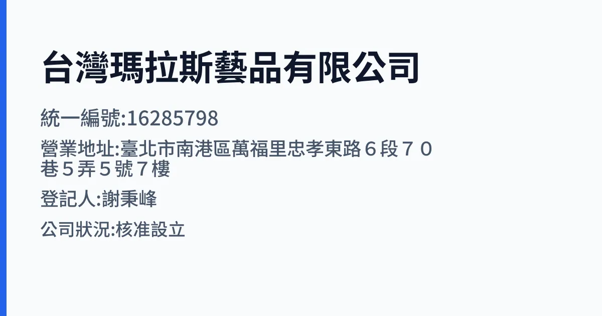 台灣瑪拉斯藝品有限公司 - 統編 16285798(臺北市) 公司登記資料與營業項目詳細圖表