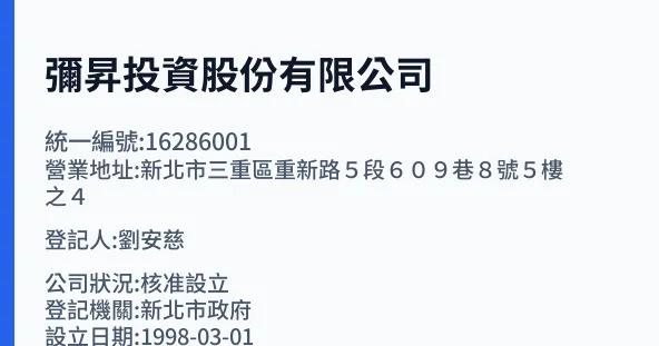 彌昇投資股份有限公司的照片-統編 16286001(新北市) 公司登記資料與營業項目詳細圖表