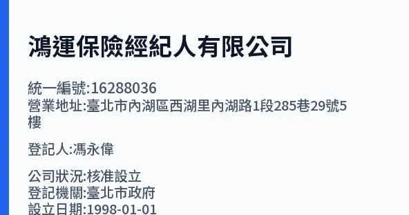 鴻運保險經紀人有限公司的照片-統編 16288036(臺北市) 公司登記資料與營業項目詳細圖表