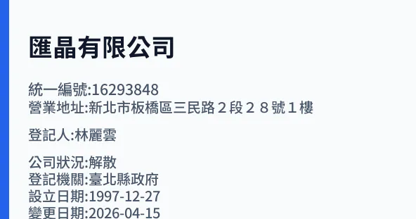 匯晶有限公司的照片-統編 16293848(新北市) 公司登記資料與營業項目詳細圖表