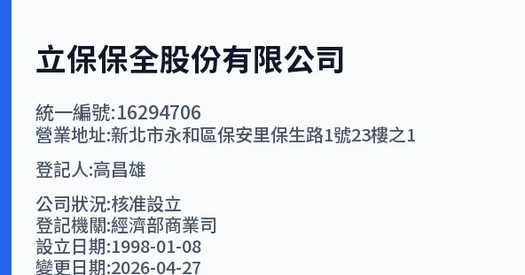 立保保全股份有限公司的照片-統編 16294706(新北市) 公司登記資料與營業項目詳細圖表