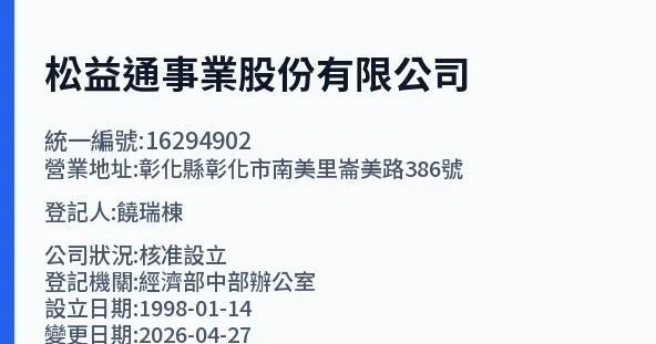松益通事業股份有限公司的照片-統編 16294902(彰化縣) 公司登記資料與營業項目詳細圖表