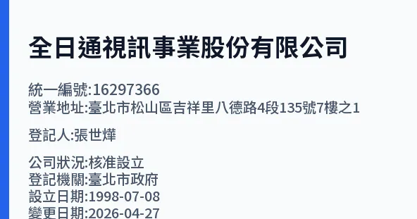 全日通視訊事業股份有限公司的照片-統編 16297366(臺北市) 公司登記資料與營業項目詳細圖表