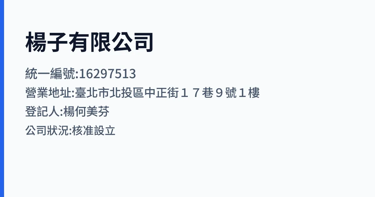 楊子有限公司 - 統編 16297513(臺北市) 公司登記資料與營業項目詳細圖表