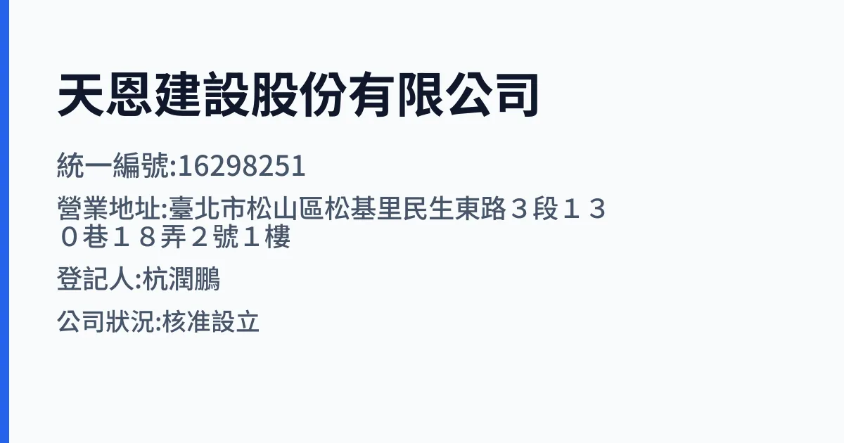 天恩建設股份有限公司 - 統編 16298251(臺北市) 公司登記資料與營業項目詳細圖表
