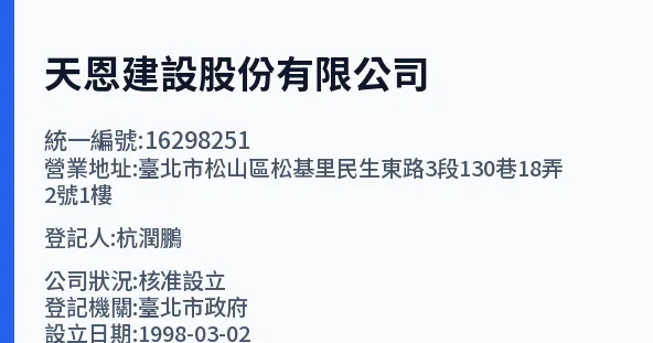 天恩建設股份有限公司的照片-統編 16298251(臺北市) 公司登記資料與營業項目詳細圖表