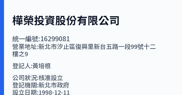 樺榮投資股份有限公司的照片-統編 16299081(新北市) 公司登記資料與營業項目詳細圖表