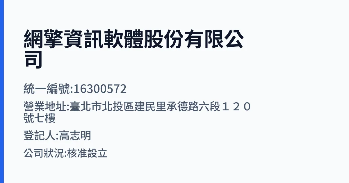 網擎資訊軟體股份有限公司 - 統編 16300572(臺北市) 公司登記資料與營業項目詳細圖表