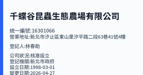 千蝶谷昆蟲生態農場有限公司的照片-統編 16301066(新北市) 公司登記資料與營業項目詳細圖表