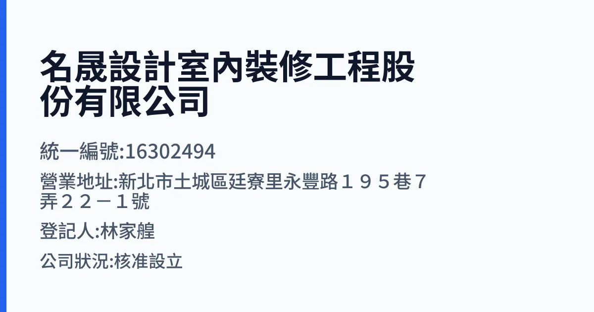 名晟設計室內裝修工程股份有限公司 - 統編 16302494(新北市) 公司登記資料與營業項目詳細圖表