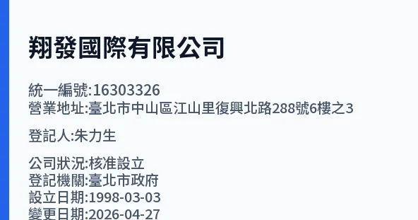 翔發國際有限公司的照片-統編 16303326(臺北市) 公司登記資料與營業項目詳細圖表