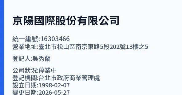 京陽國際股份有限公司的照片-統編 16303466(臺北市) 公司登記資料與營業項目詳細圖表
