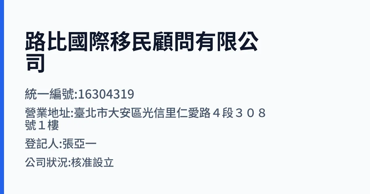 路比國際移民顧問有限公司 - 統編 16304319(臺北市) 公司登記資料與營業項目詳細圖表