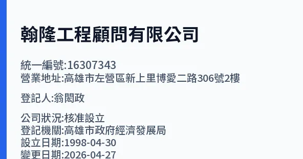翰隆工程顧問有限公司的照片-統編 16307343(高雄市) 公司登記資料與營業項目詳細圖表