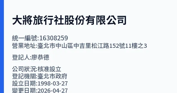 大將旅行社股份有限公司的照片-統編 16308259(臺北市) 公司登記資料與營業項目詳細圖表