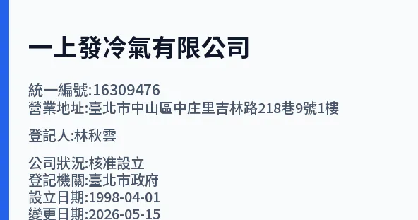 一上發冷氣有限公司的照片-統編 16309476(臺北市) 公司登記資料與營業項目詳細圖表