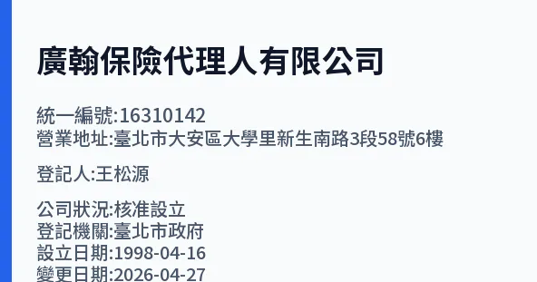 廣翰保險代理人有限公司的照片-統編 16310142(臺北市) 公司登記資料與營業項目詳細圖表