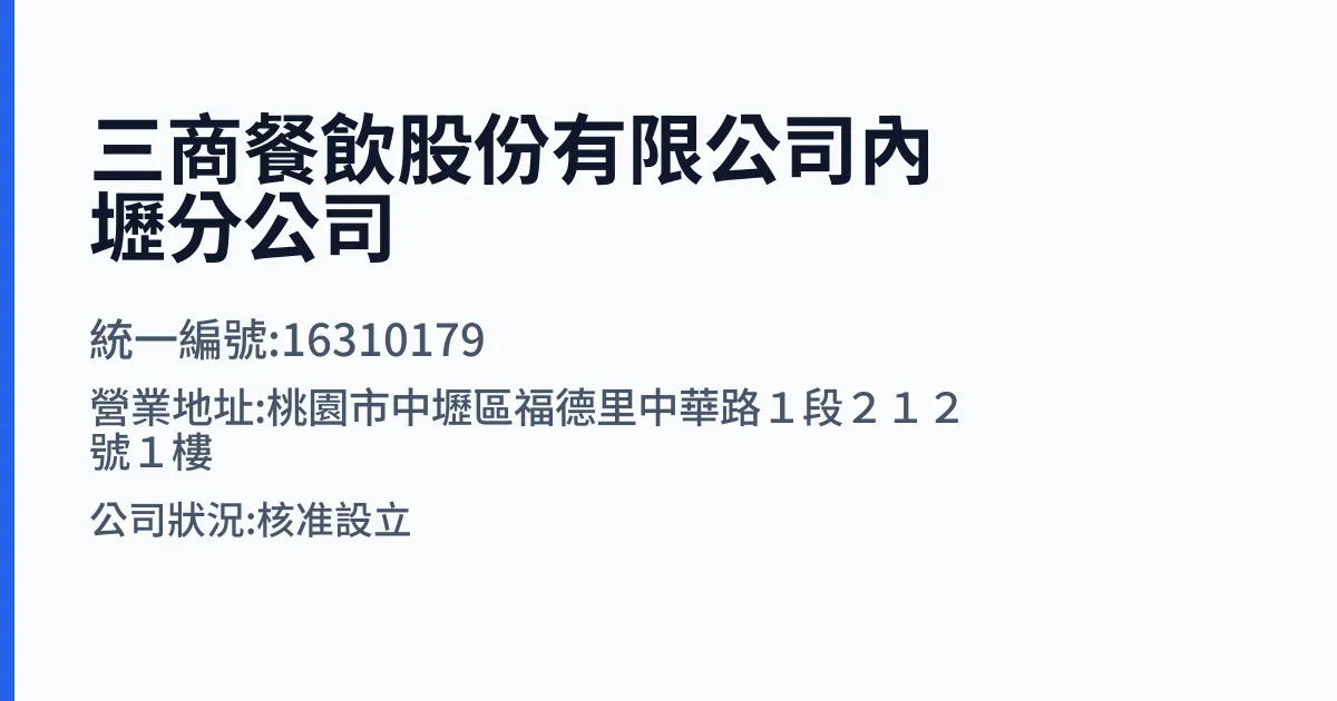 三商餐飲股份有限公司內壢分公司 - 統編 16310179(桃園市) 公司登記資料與營業項目詳細圖表