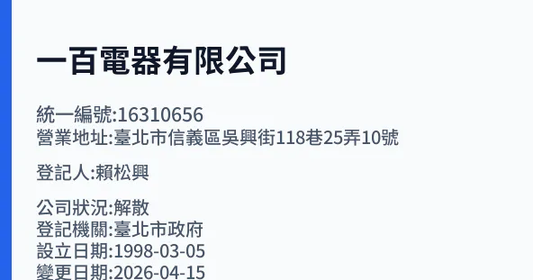 一百電器有限公司的照片-統編 16310656(臺北市) 公司登記資料與營業項目詳細圖表